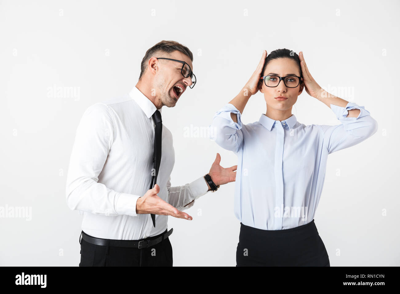 Photo of displeased angry quarrel business colleagues couple isolated ...
