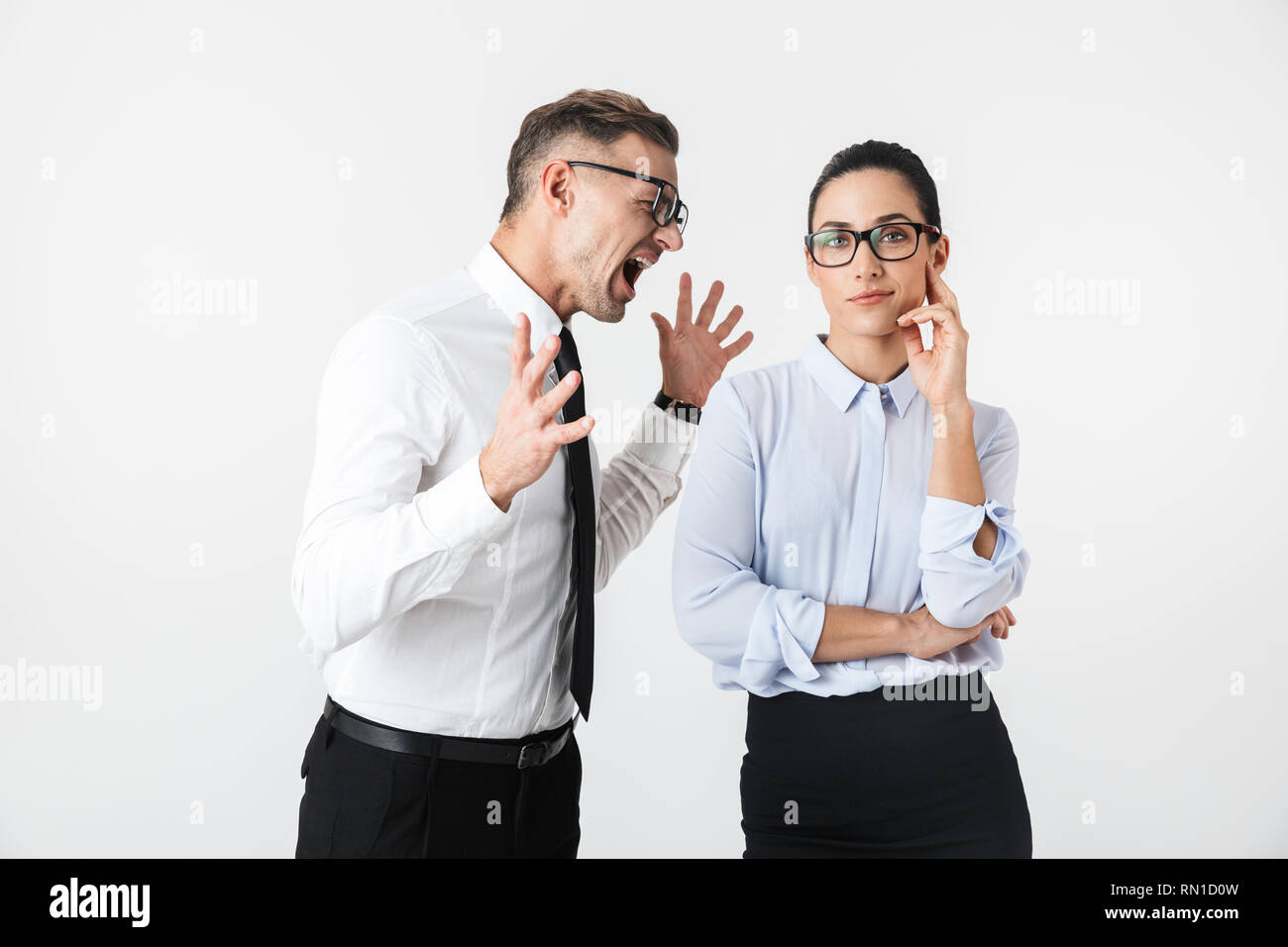 Photo of displeased angry quarrel business colleagues couple isolated ...
