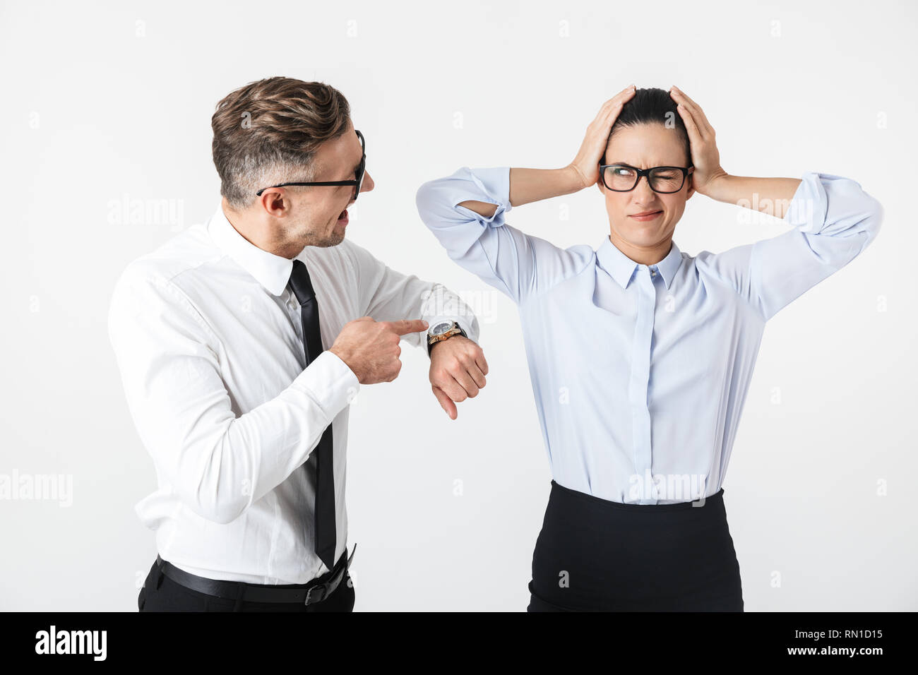 Photo of displeased angry quarrel business colleagues couple isolated ...