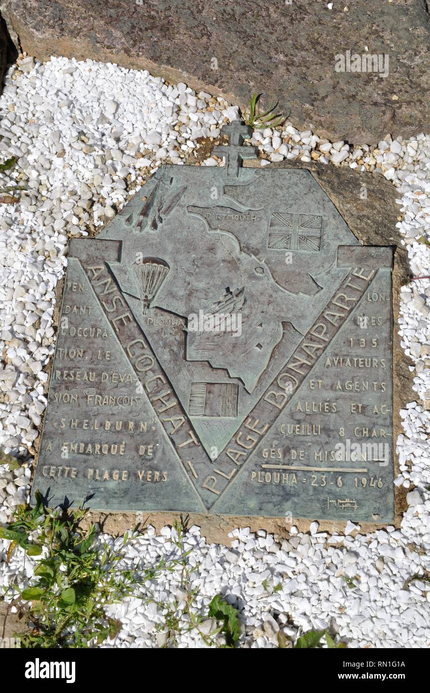 PLOUHA FRANCE, 14 JULY, 2016: Commemorative plaque of the escapes of ...
