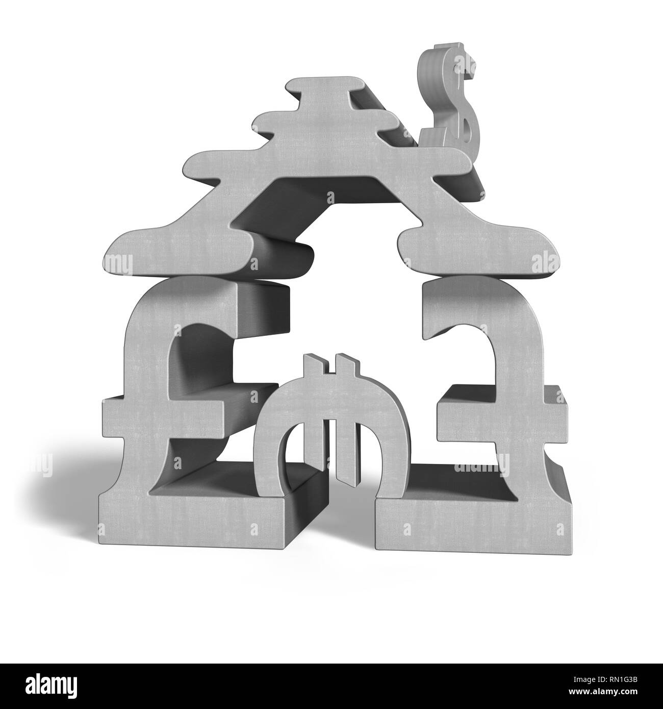 Money symbols stacking building in white background Stock Photo - Alamy