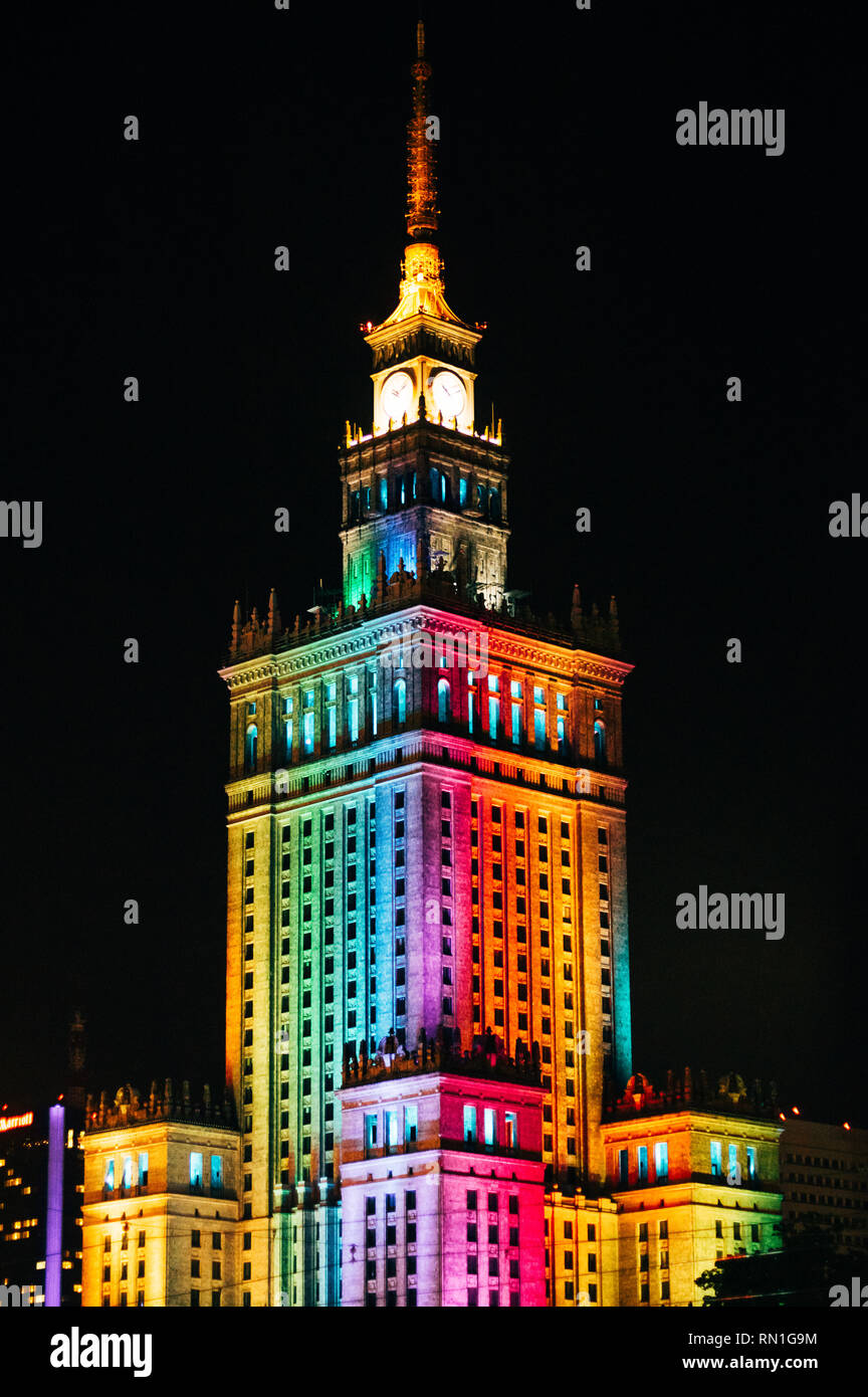 Night view to Palace of Culture and Science in Warsaw, Poland Stock ...