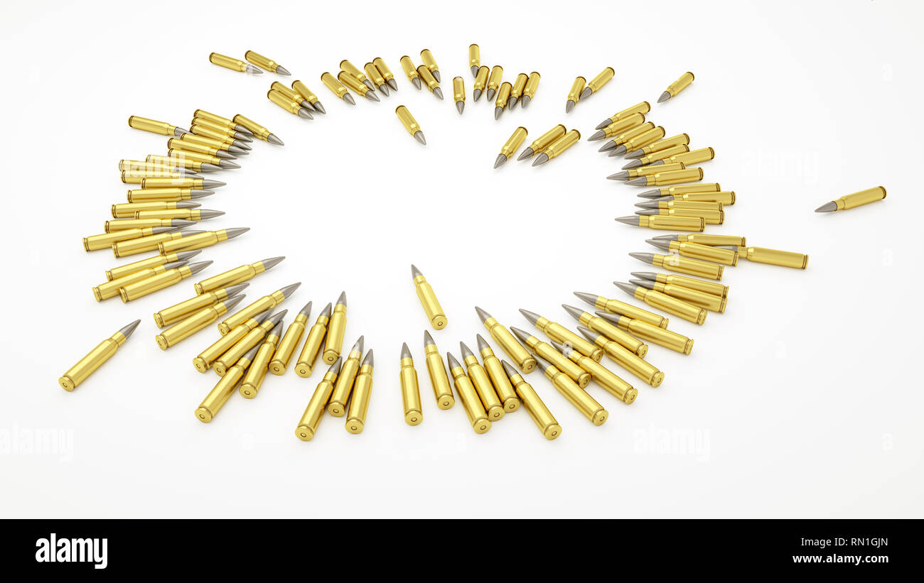 3d render illustration of shiny golden bullets cartridges laying on the ...
