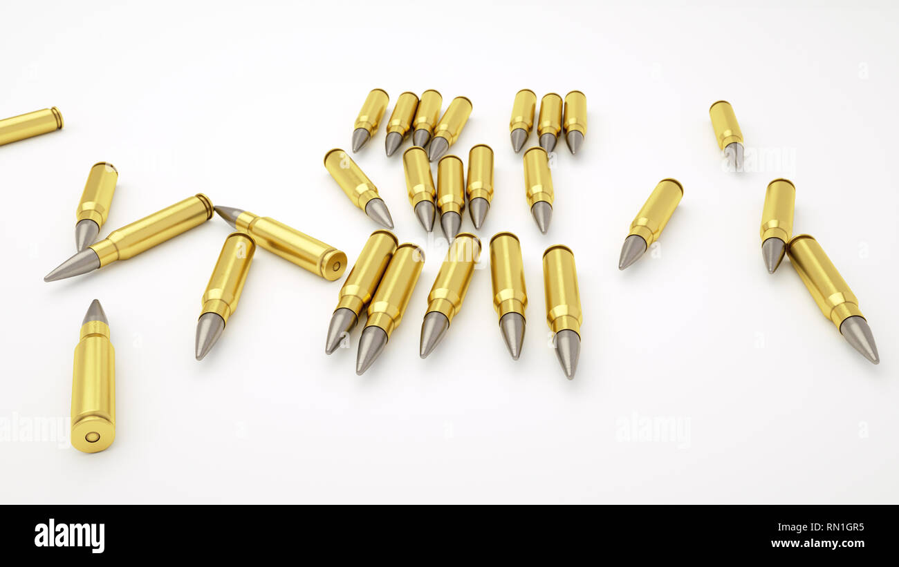 3d render illustration of shiny golden bullets cartridges laying on the ...