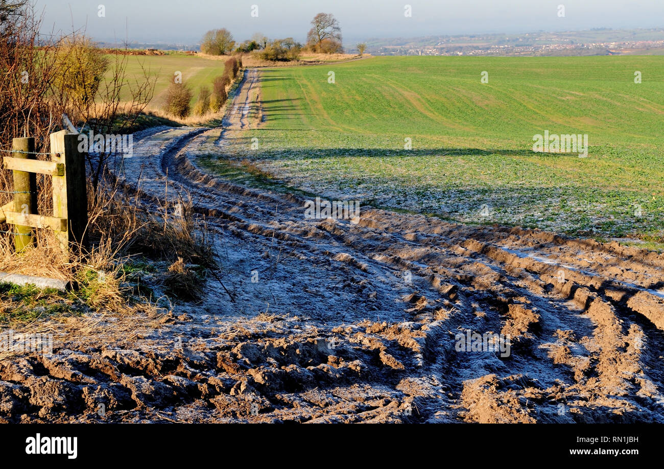 A frozen rutted track at an open gateway on a cold winter's morning ...