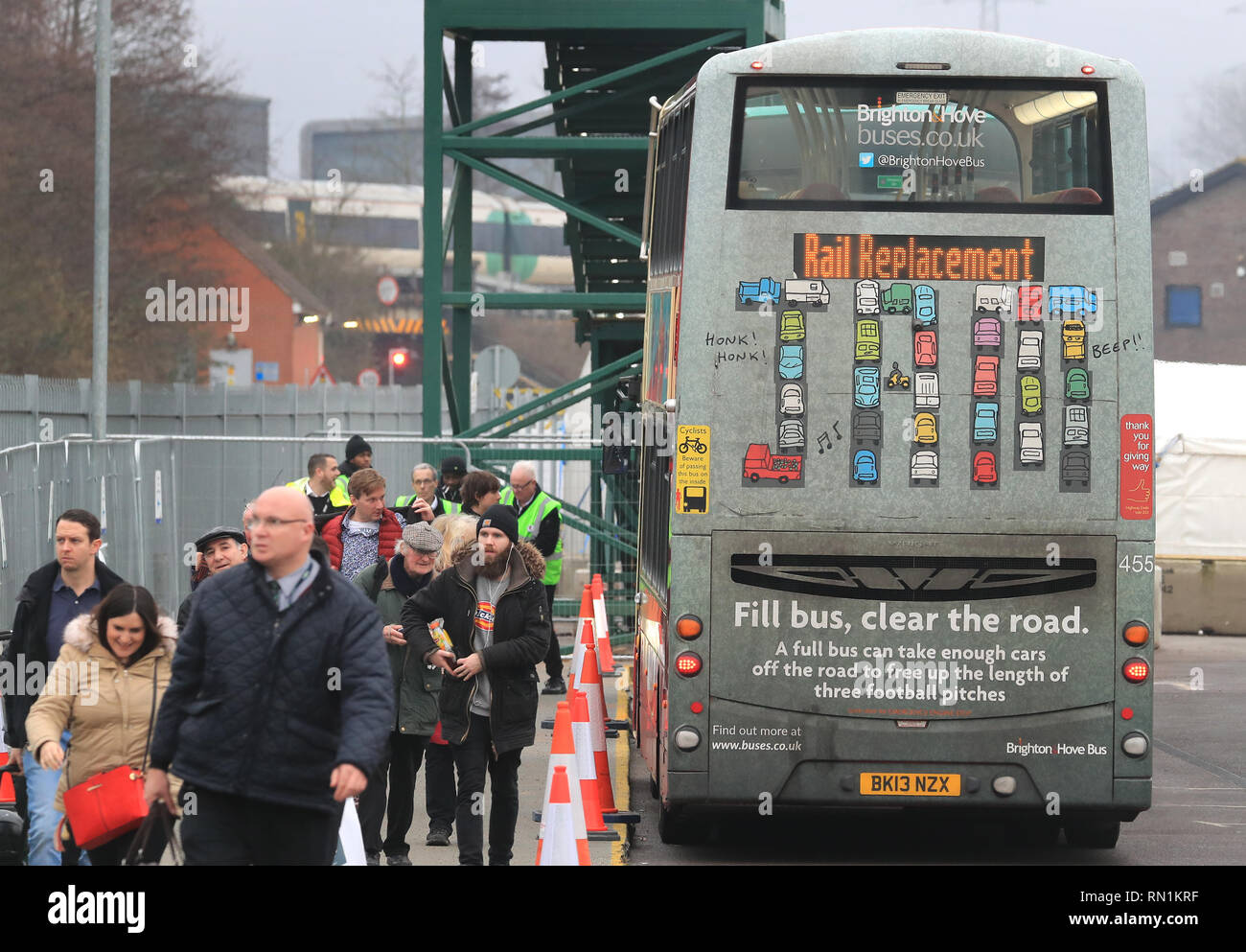 A rail replacement bus arrives at Three Bridges Station in Crawley ...
