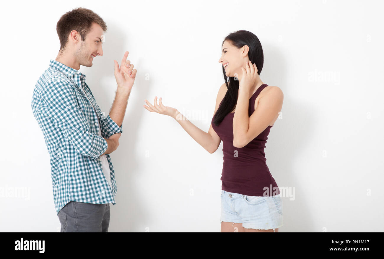 Couple talking arguing on each other isolated on white background Stock ...