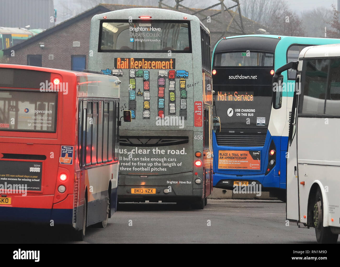Rail replacement buses arrive at Three Bridges Station in Crawley, West Sussex, as one of ...