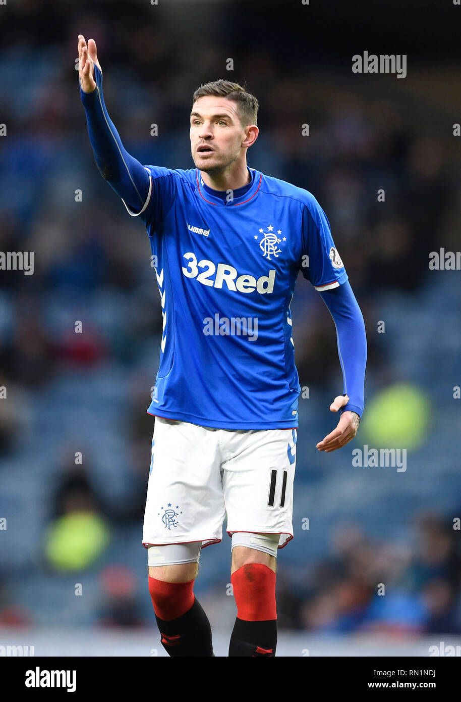 Rangers Kyle Lafferty gestures to the assistant referee during the ...
