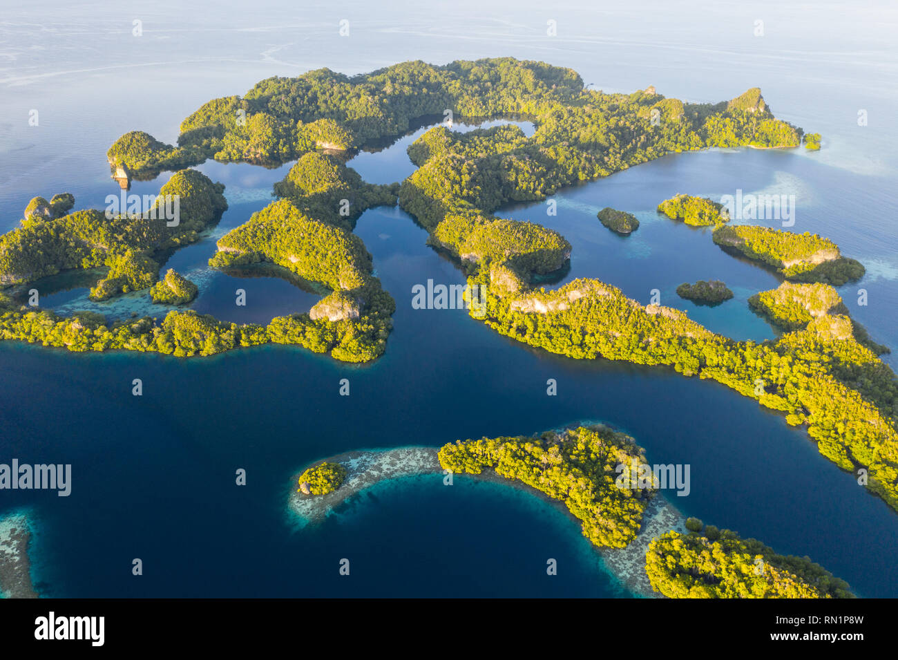 An aerial view of islands in Raja Ampat. This area is the heart of ...