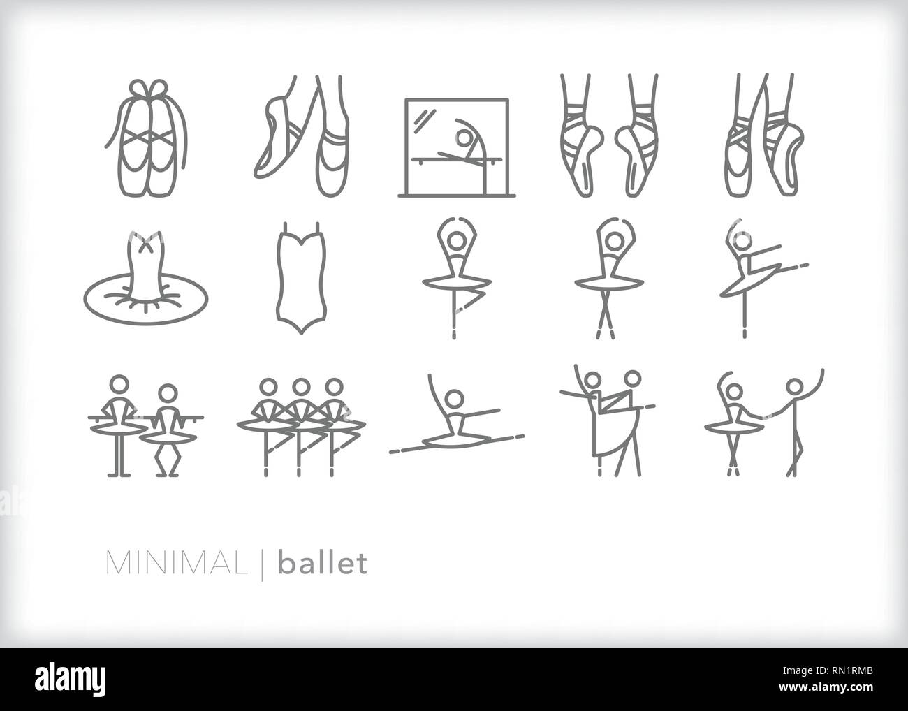 Set of 15 gray ballet icons of ballerina, dancer, tutu, ballet shoes ...