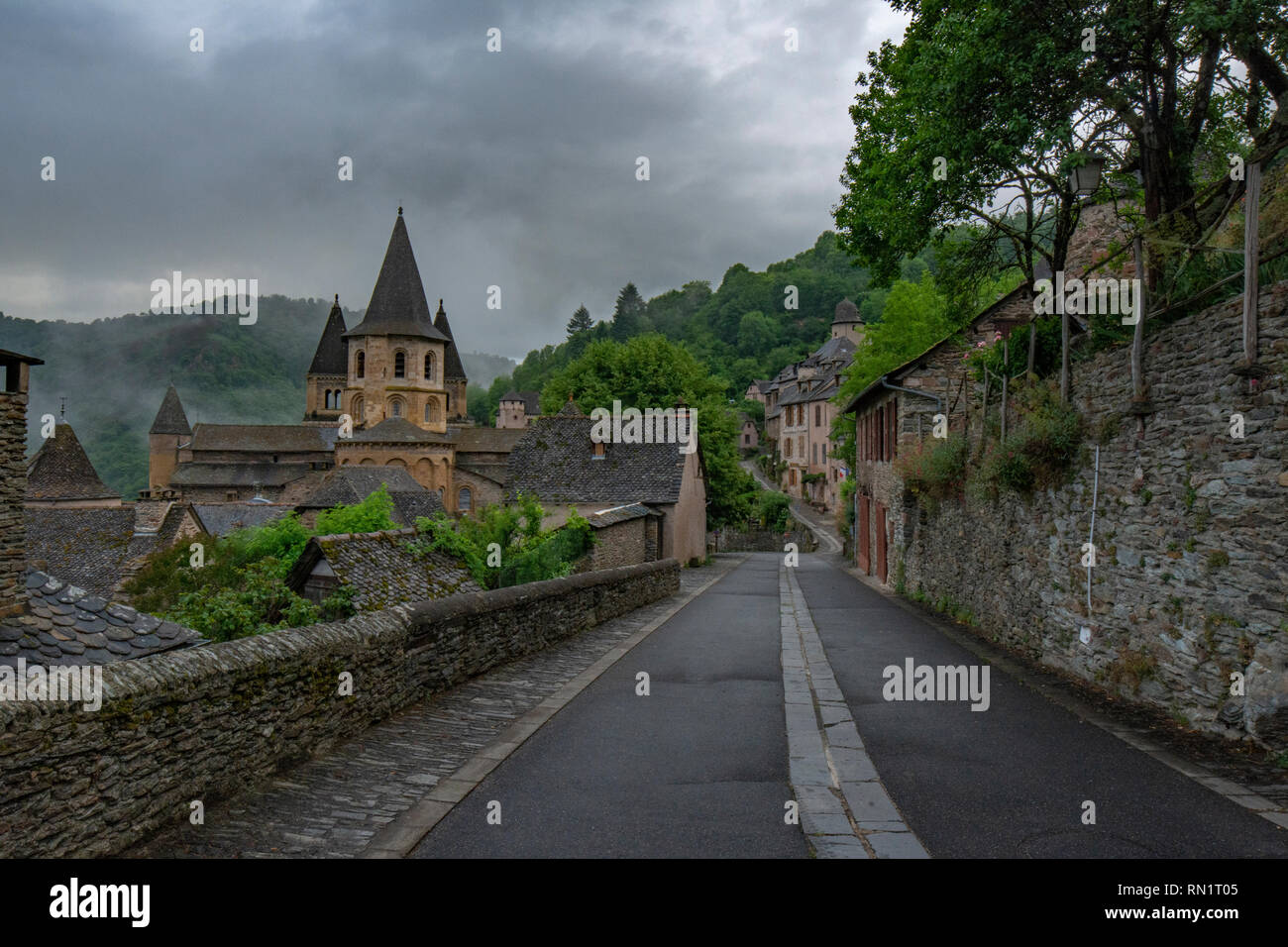 Conques, Midi Pyrenees, France - June , 2015: View of the medieval ...