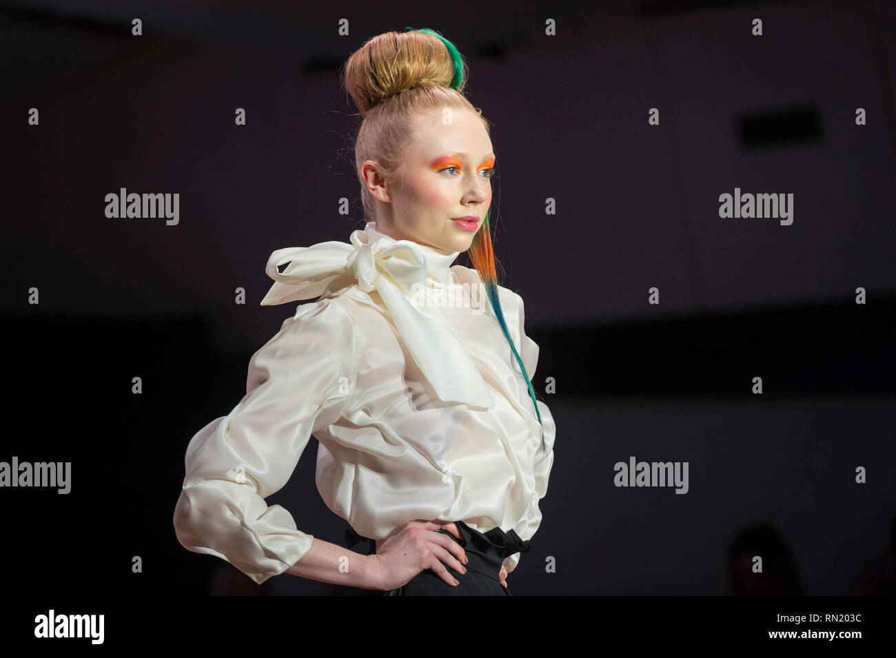London, UK. 16 February 2019. A model wears a creation by Mary Dickow ...