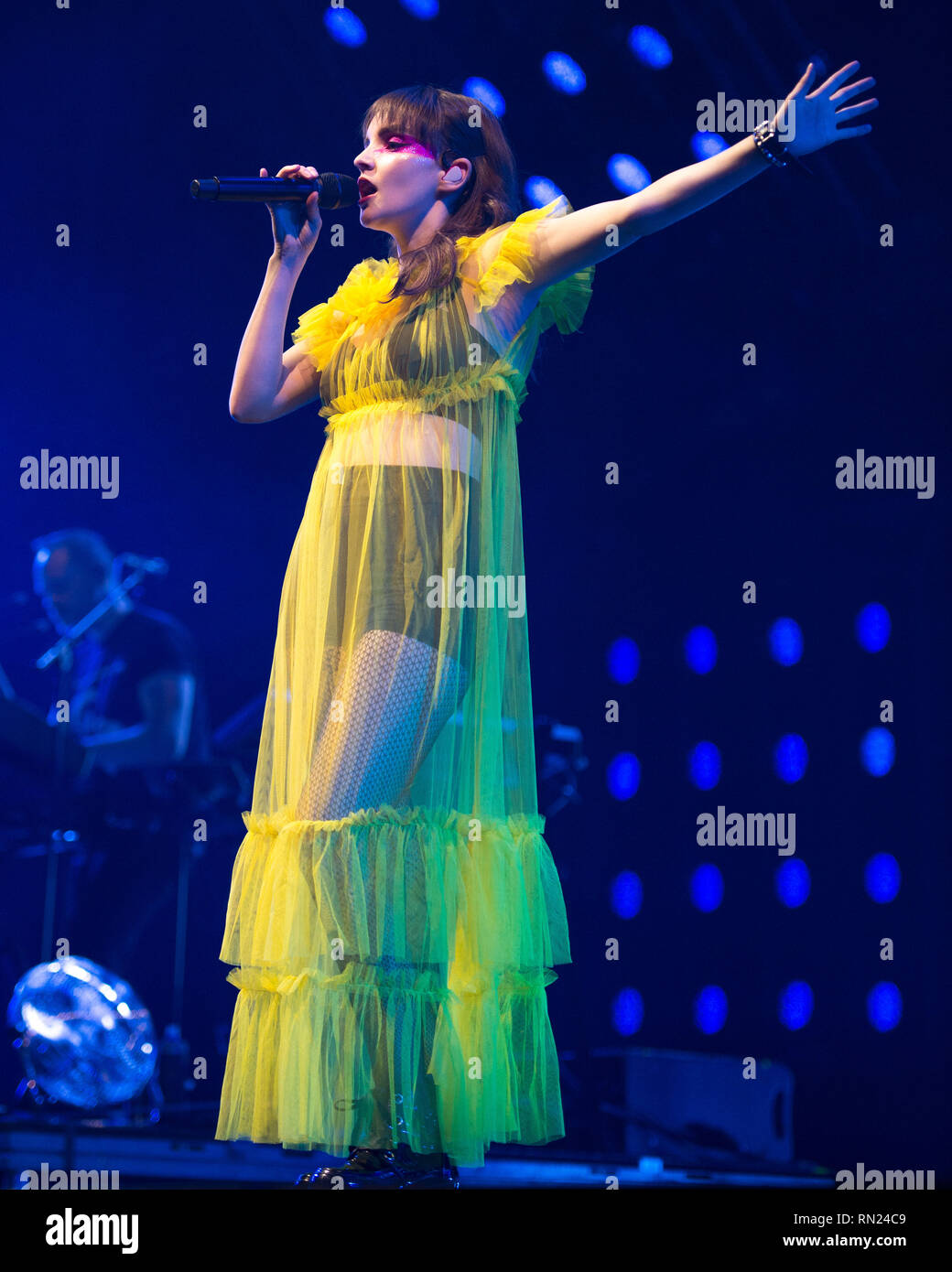Glasgow, UK. 16 February 2019. Lauren Mayberry from pop band Chvrches ...