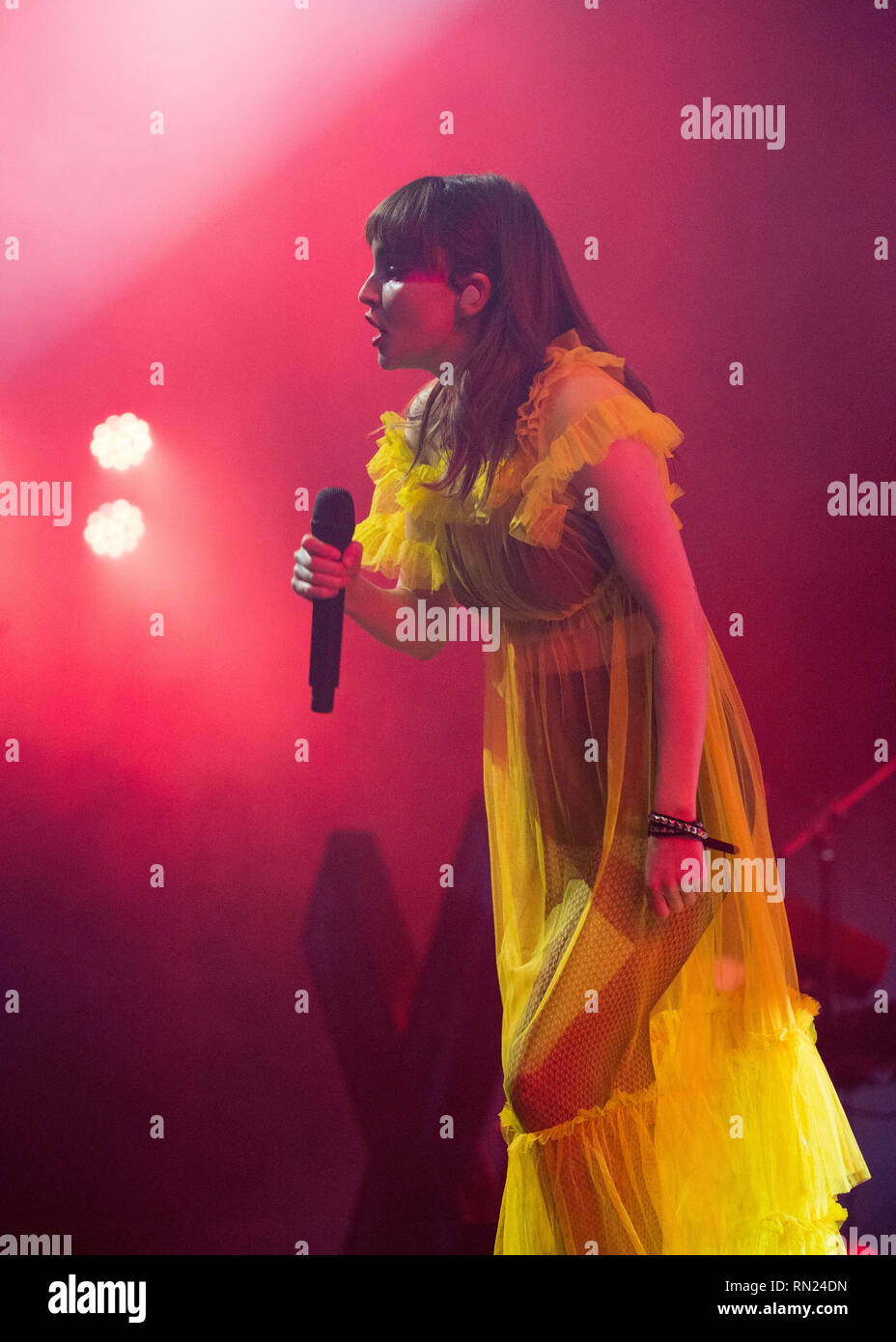 Glasgow, UK. 16 February 2019. Lauren Mayberry from pop band Chvrches ...