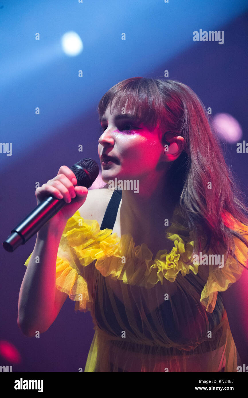 Glasgow, UK. 16 February 2019. Lauren Mayberry from pop band Chvrches ...