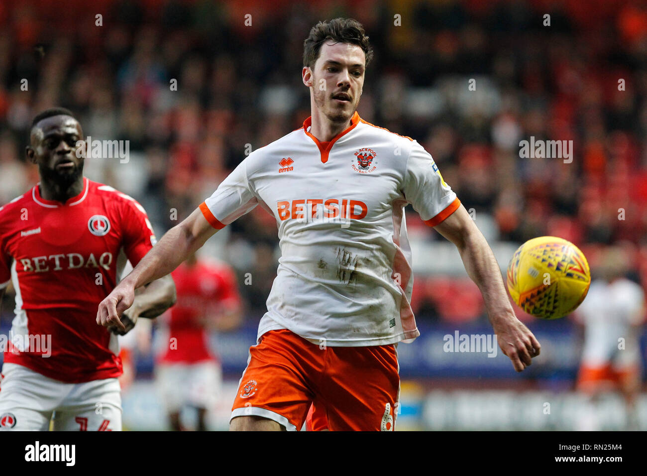 London, UK. 16th Feb 2019. Ben Heneghan of Blackpool in action during ...
