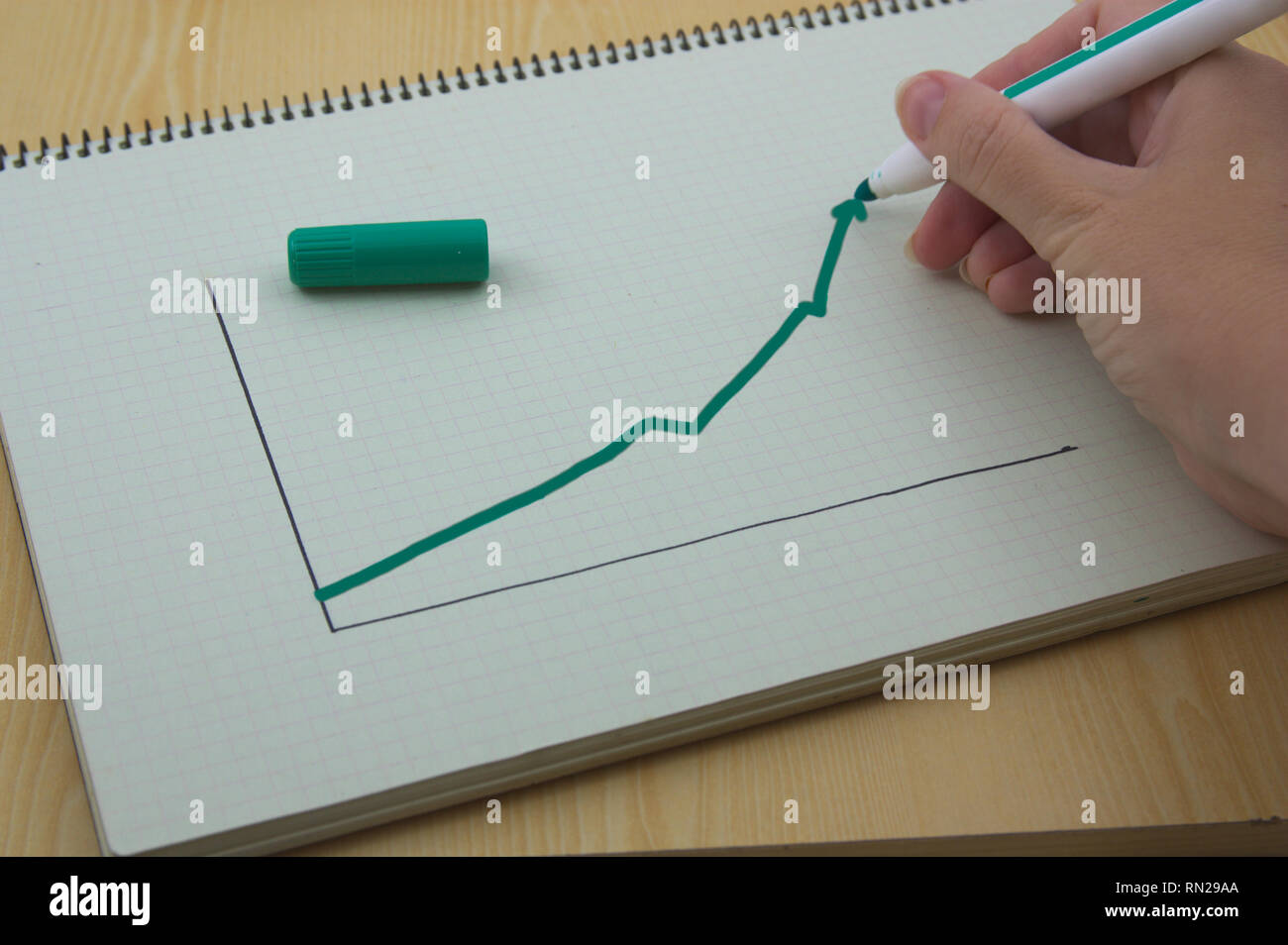 Someone traces a chart on a piece of paper that marks an increase in ...