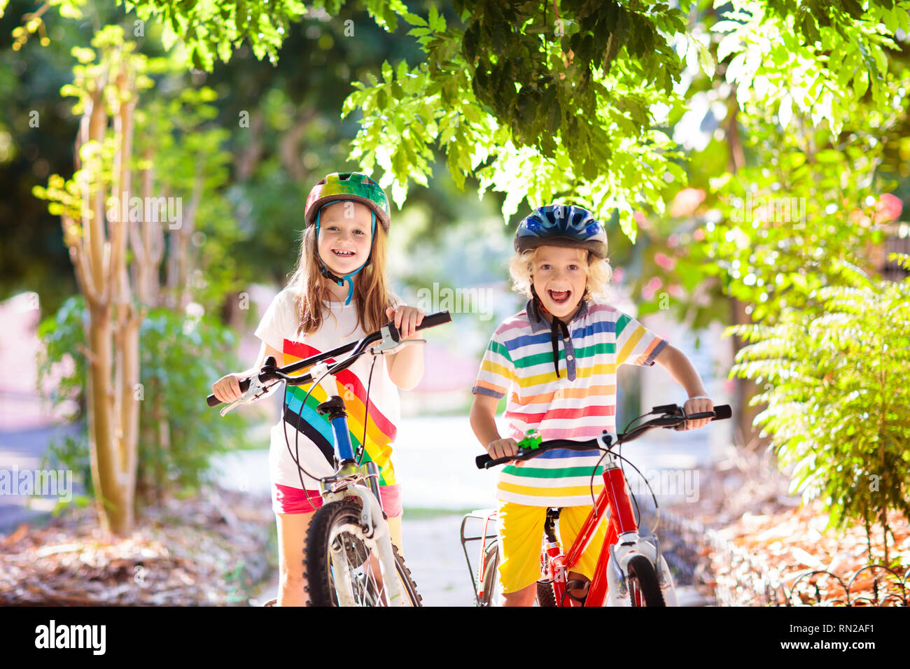 Kids on bike in park. Children going to school wearing safe bicycle ...