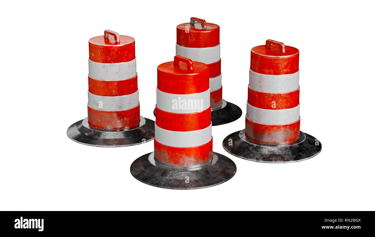 Traffic cylinder barrier danger warning, isolated, set. 3D rendering ...