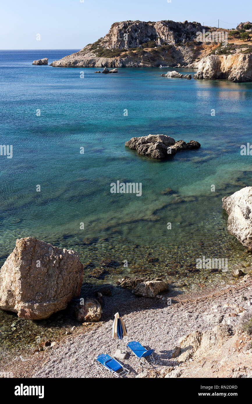 Karpathos island, small beach and beautiful sea of Amopi bay. Aegean ...