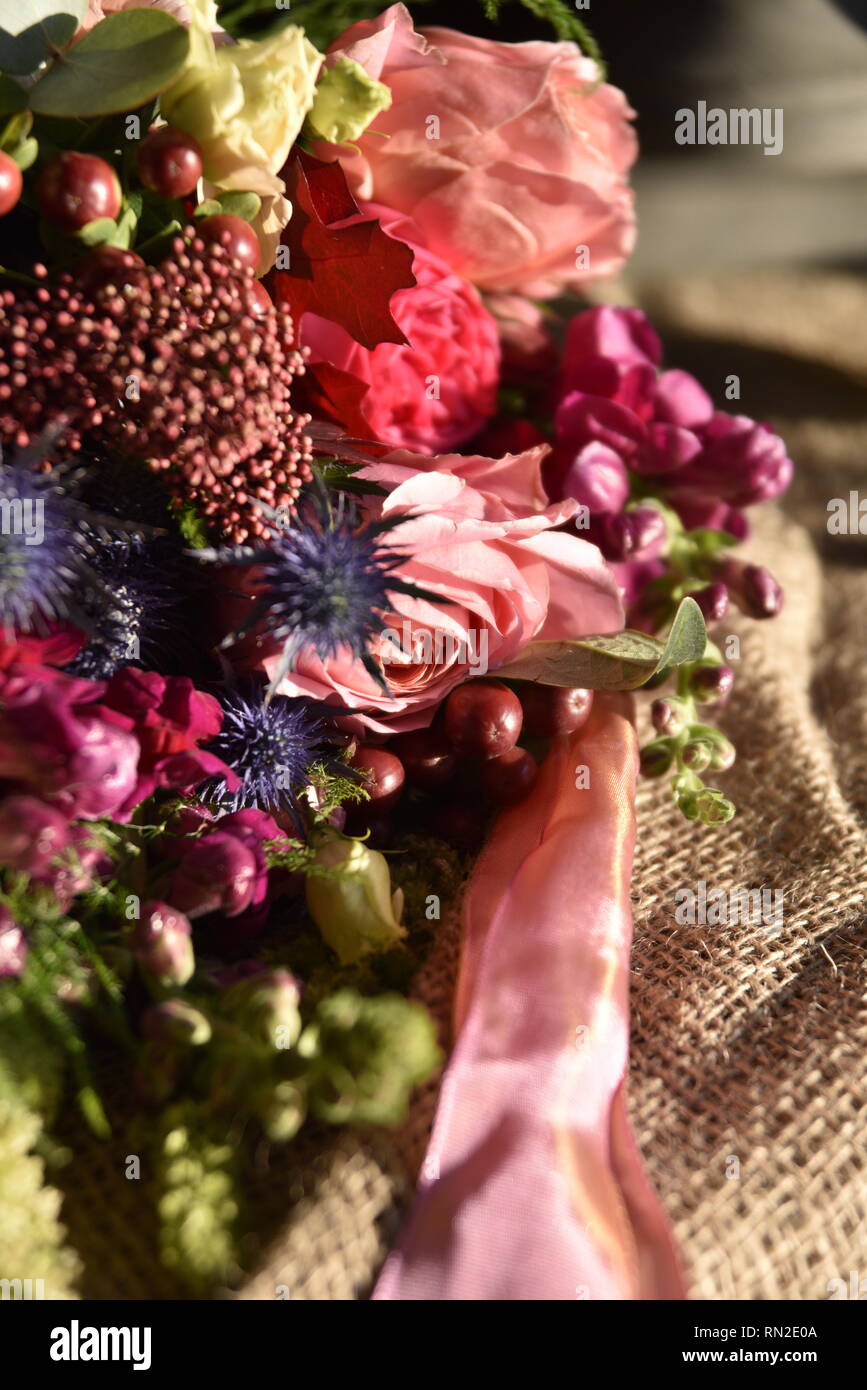 Beautiful vibrant cut flowers in a display in a strong low natural ...