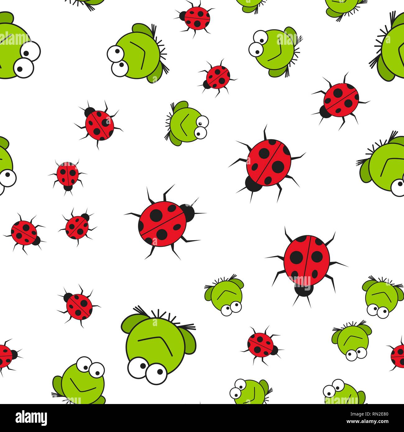 Seamless pattern of frogs and ladybugs in cartoon style. On white ...