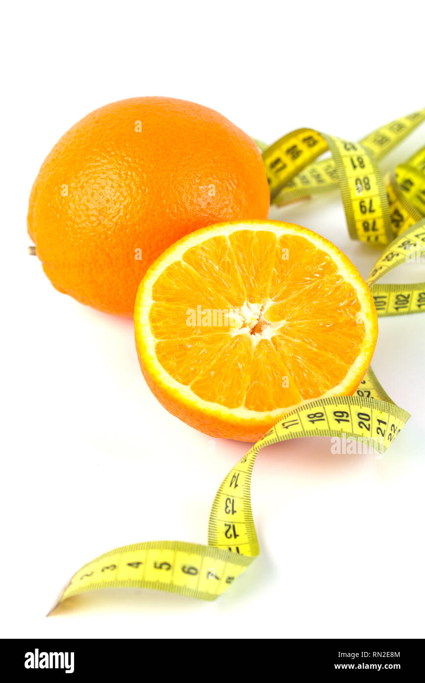 Orange Fruit with measurement isolated on white. Concept of dieting and ...