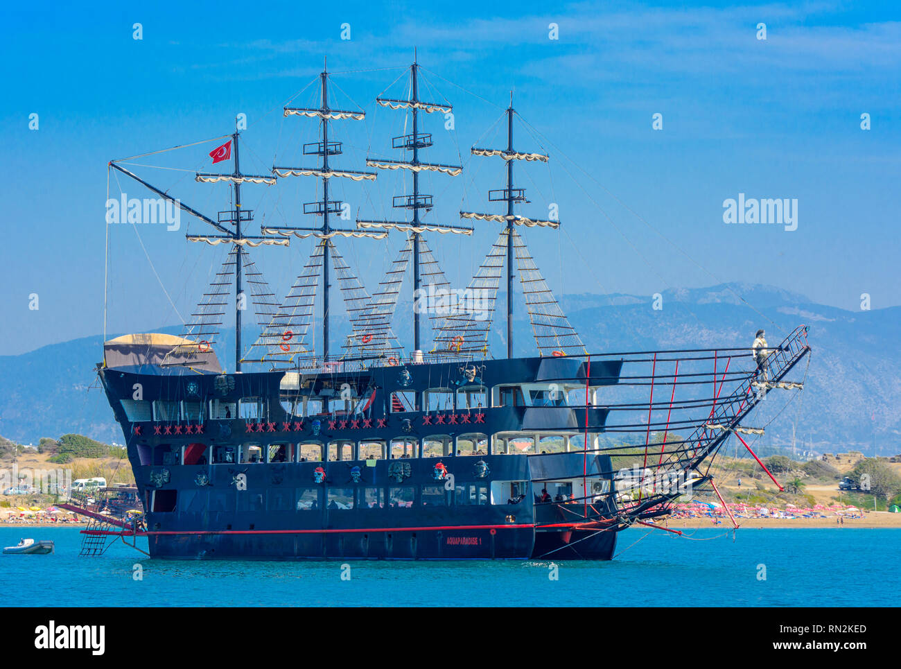 Alanya, Turkey - October 05, 2018. A large dark sailing ship in a ...