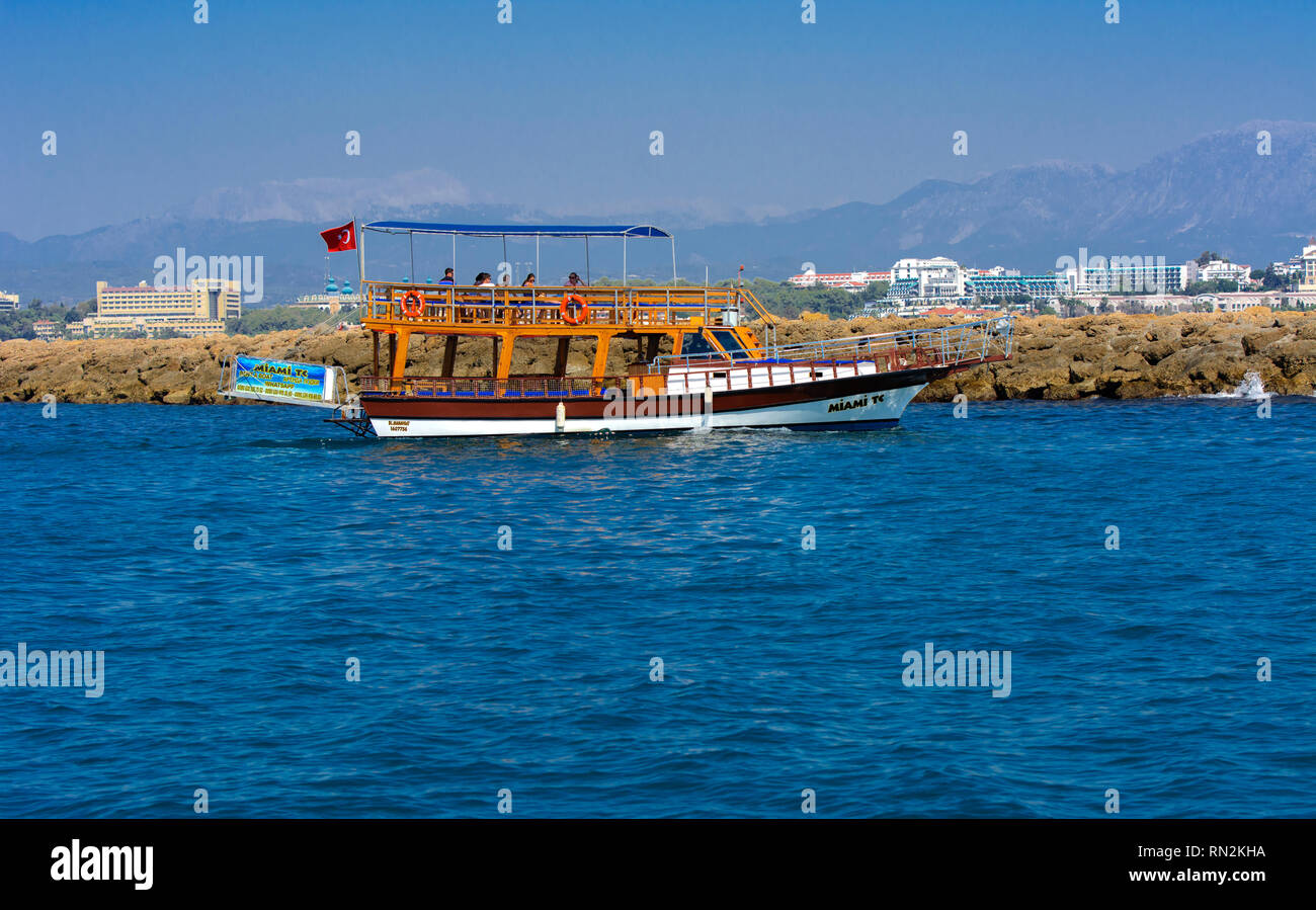 Alanya, Turkey - October 05, 2018. A small sailing ship in a pirate ...