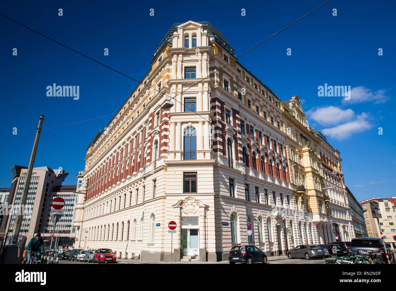 VIENNA, AUSTRIA - APRIL, 2018: Beautiful antique building at the corner ...