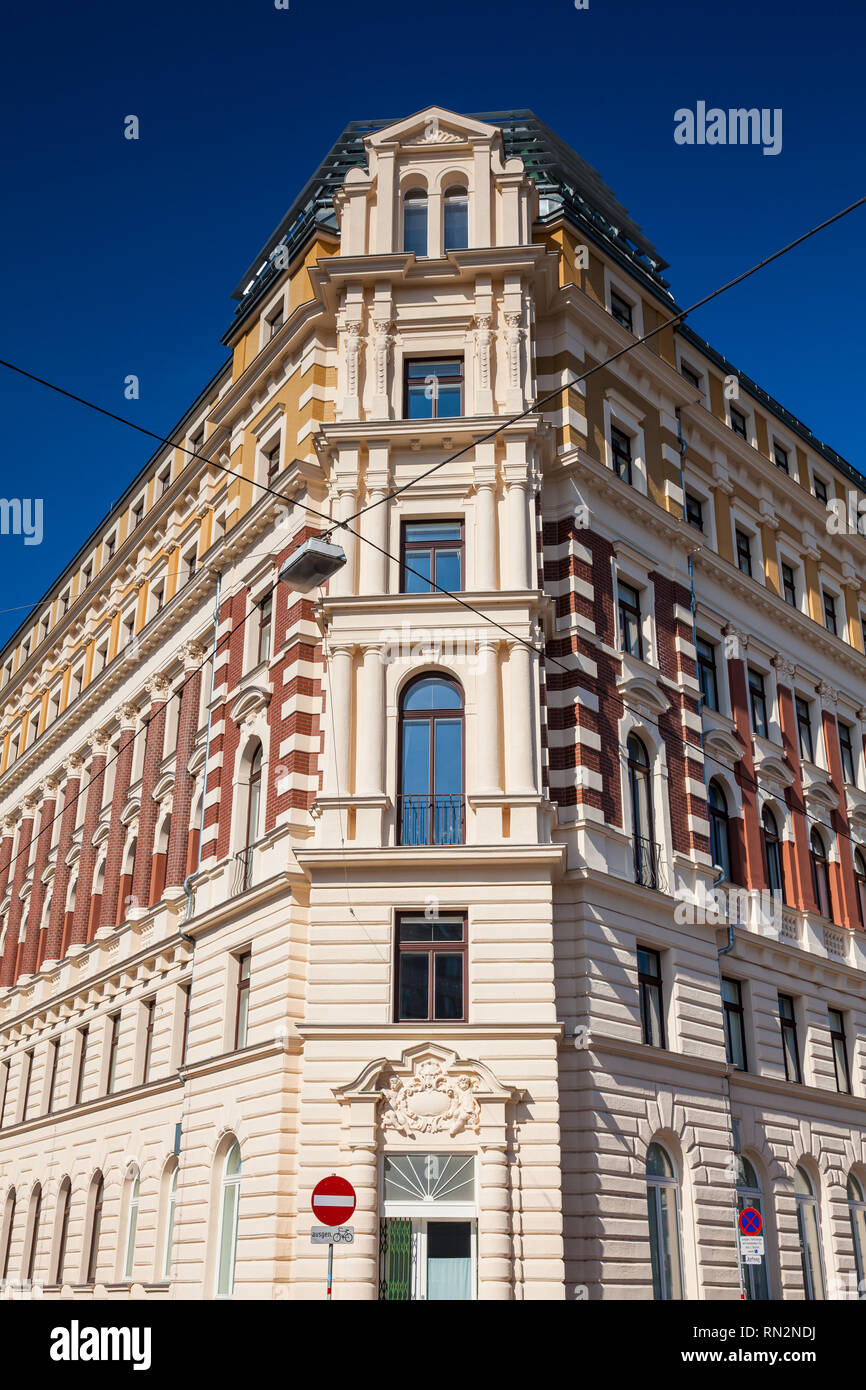 VIENNA, AUSTRIA - APRIL, 2018: Beautiful antique building at the corner ...