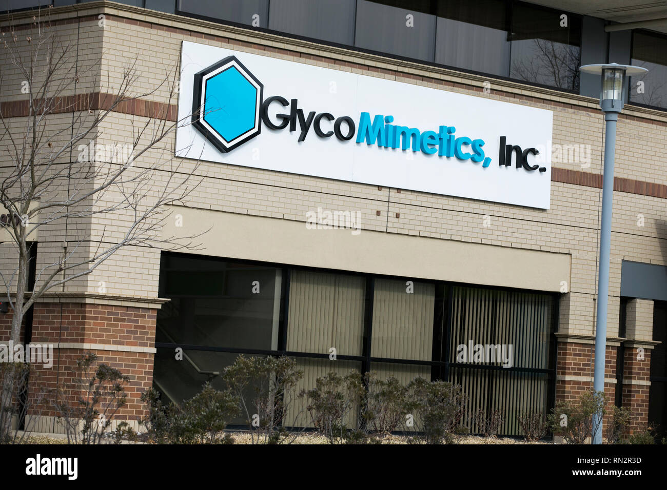 A logo sign outside of the headquarters of GlycoMimetics in Rockville ...