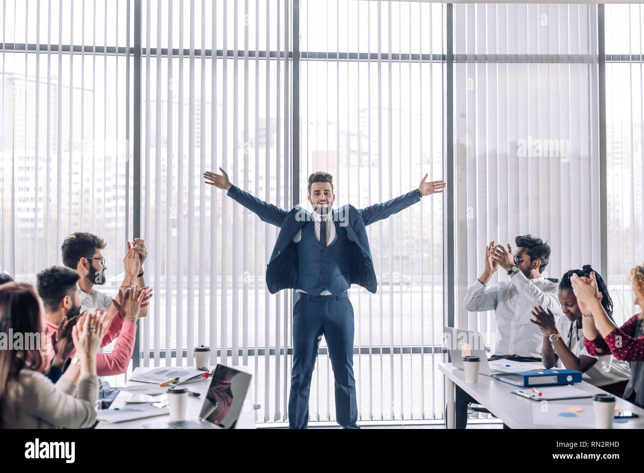 business, success, gesture and people concept - Backside of jubilant ...