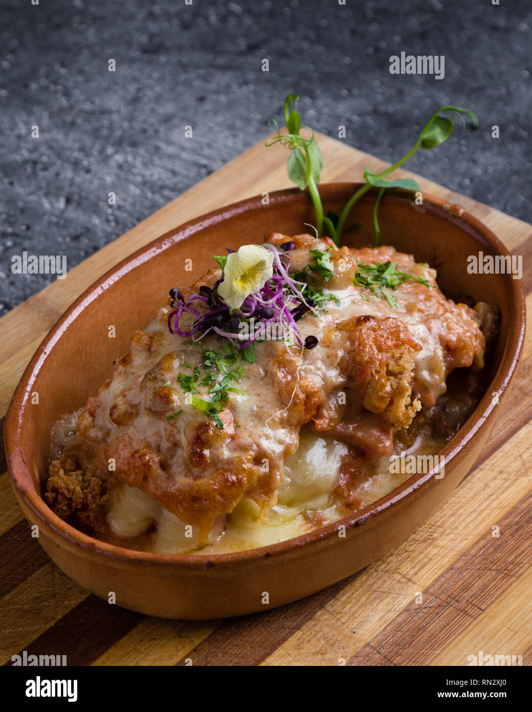 tasty delicious fried chicken schnitzel in restaurant setting Stock ...