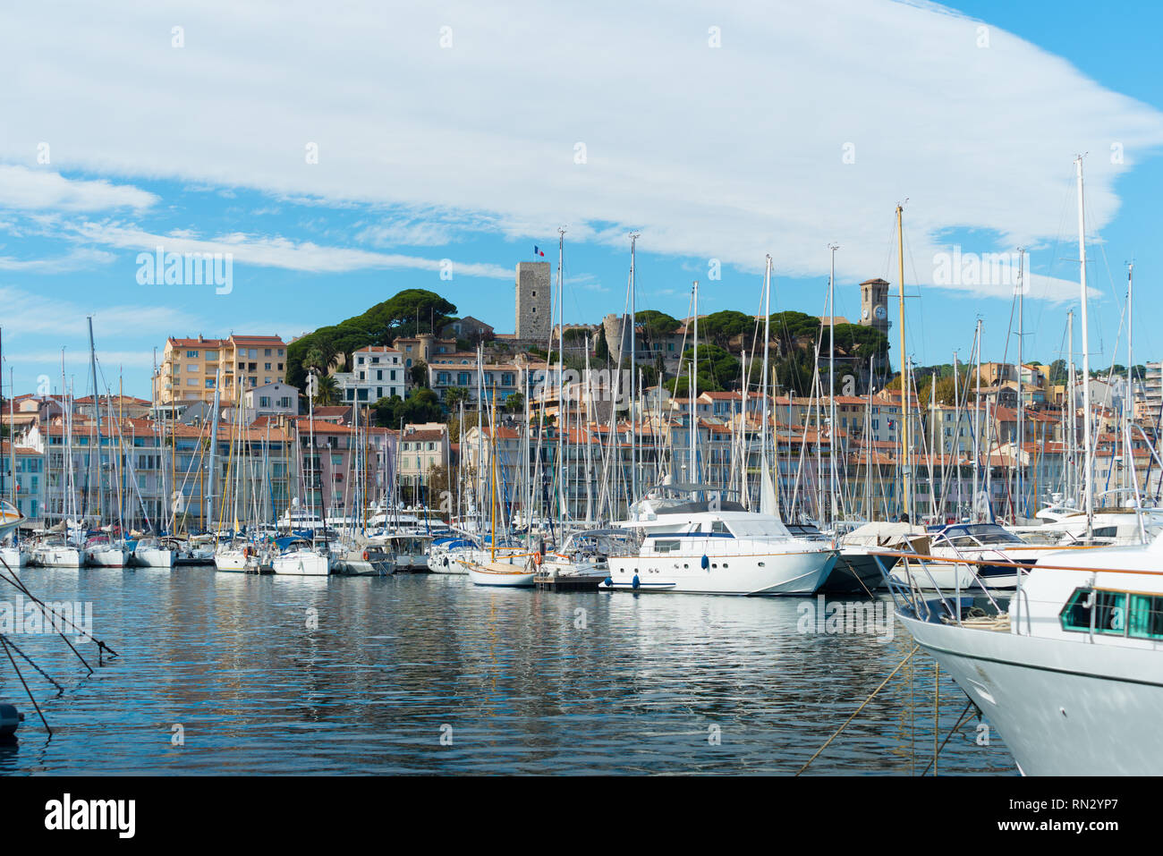 CANNES, FRANCE - OCTOBER 23, 2017: Luxury yachts in the Le Vieux port ...