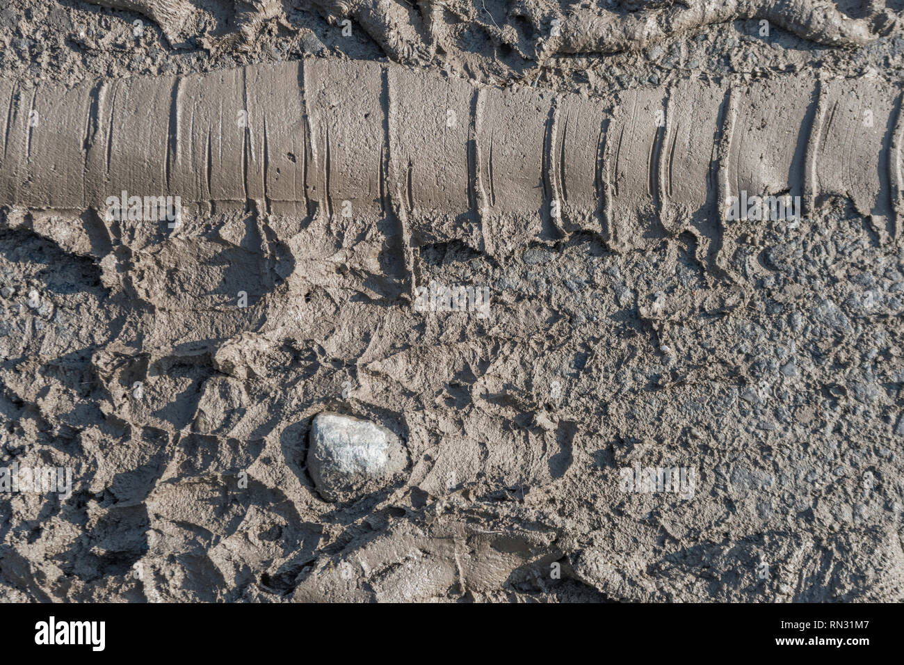 Tyre tracks in slippery wet mud on road. Metaphor stick in the mud ...