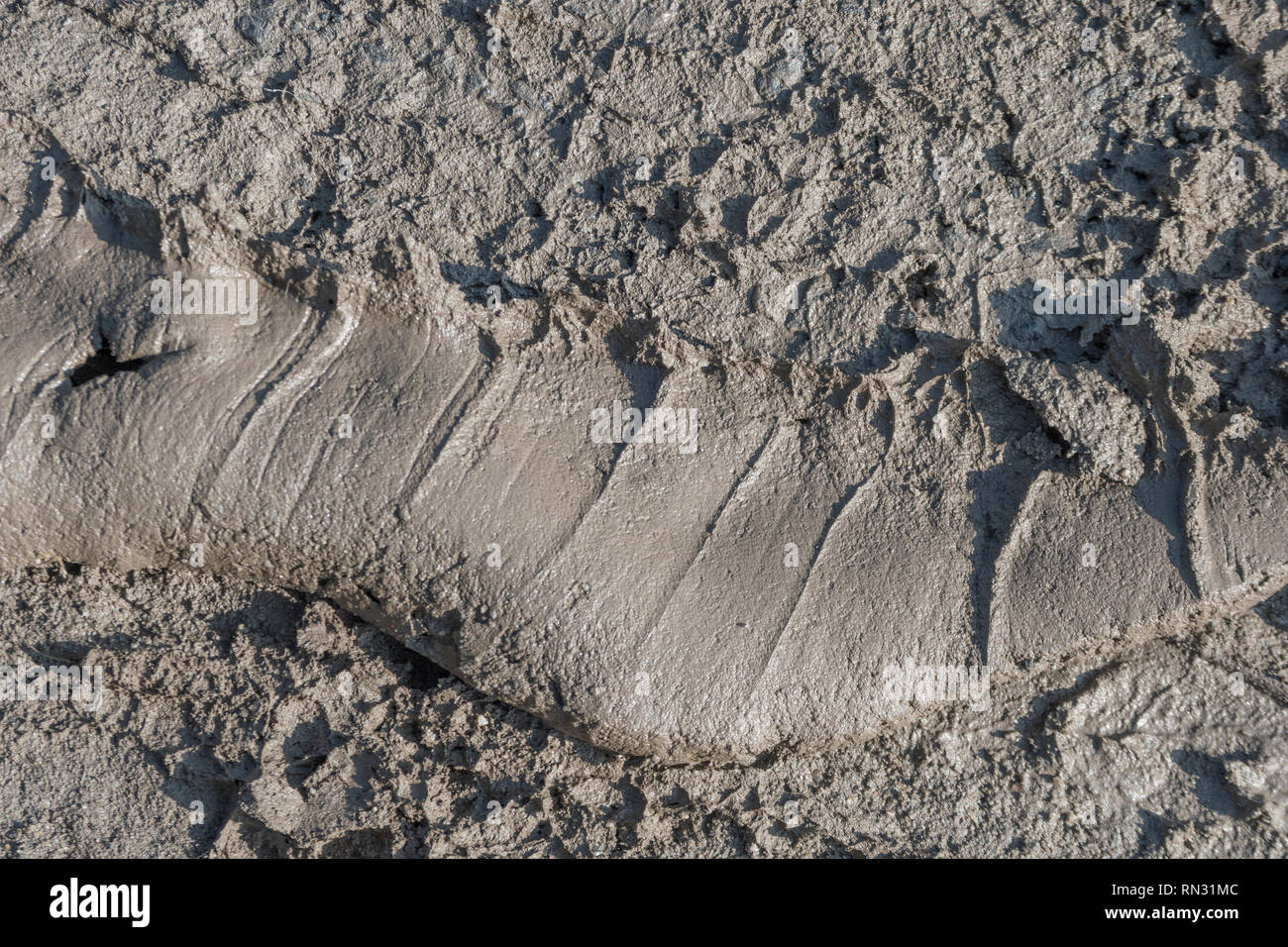 Tyre tracks in slippery wet mud on road. Metaphor stick in the mud ...