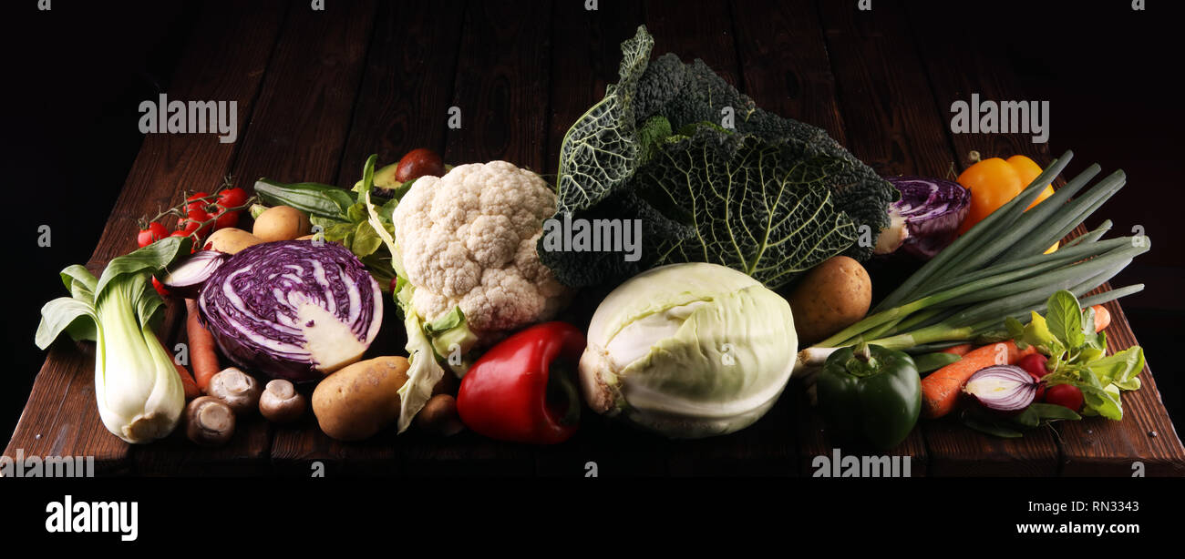 Composition with variety of raw organic vegetables and fruits. Balanced ...