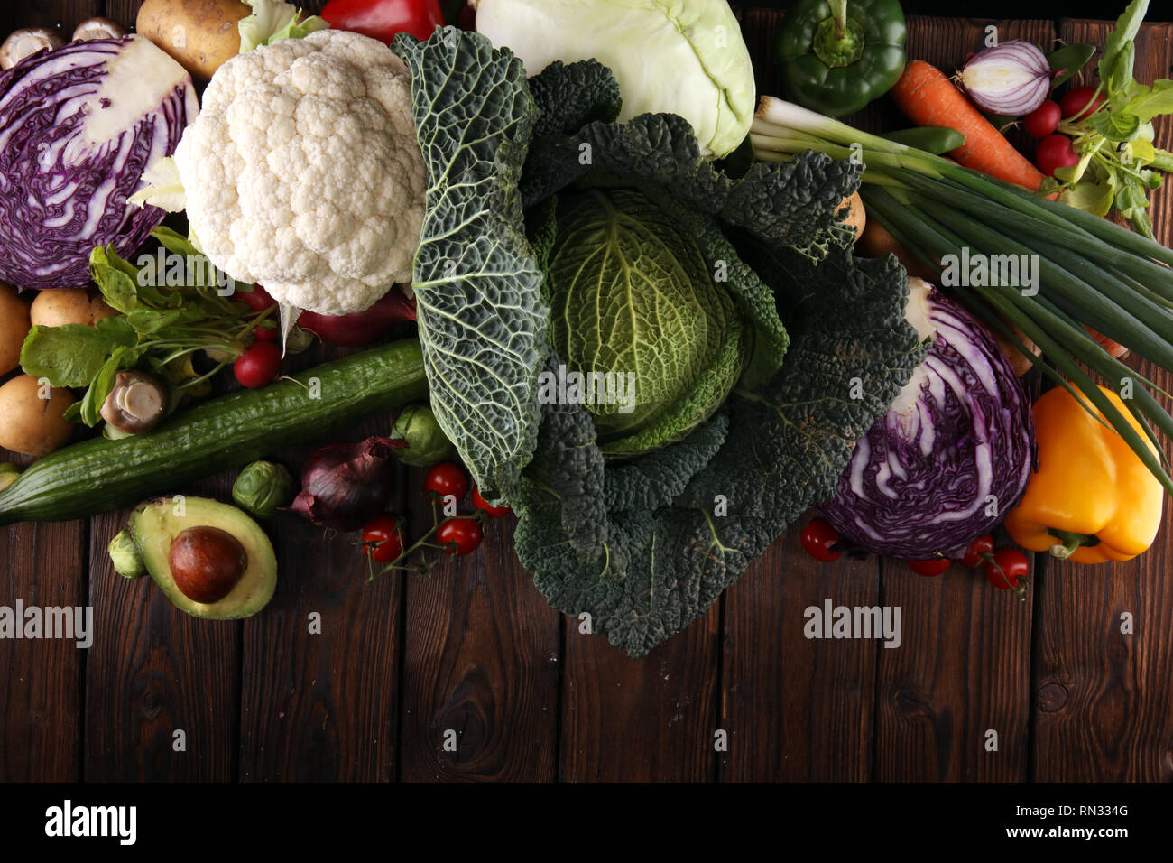 Composition with variety of raw organic vegetables and fruits. Balanced ...