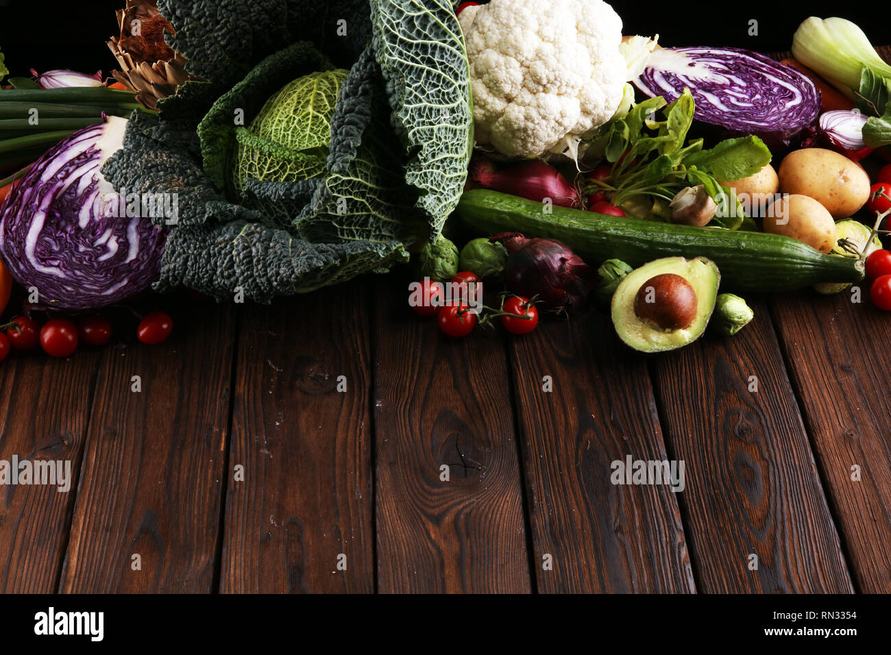 Composition with variety of raw organic vegetables and fruits. Balanced ...