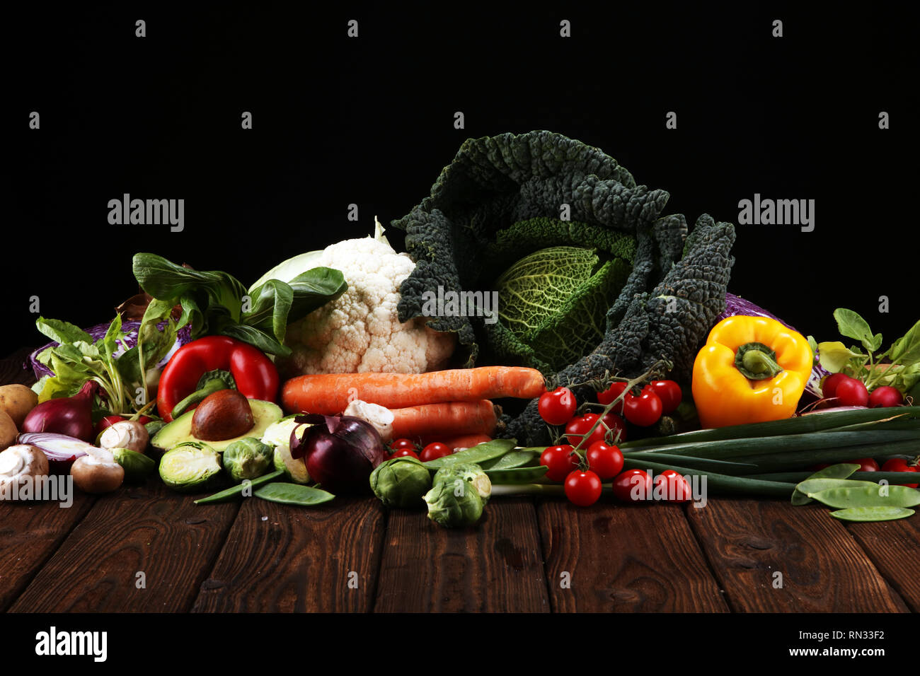 Composition with variety of raw organic vegetables and fruits. Balanced ...
