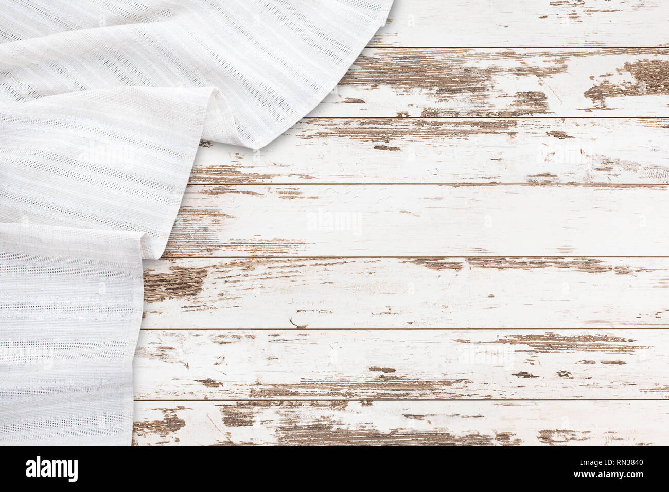 Old vintage wooden table with white tablecloth. Top view mock up Stock ...
