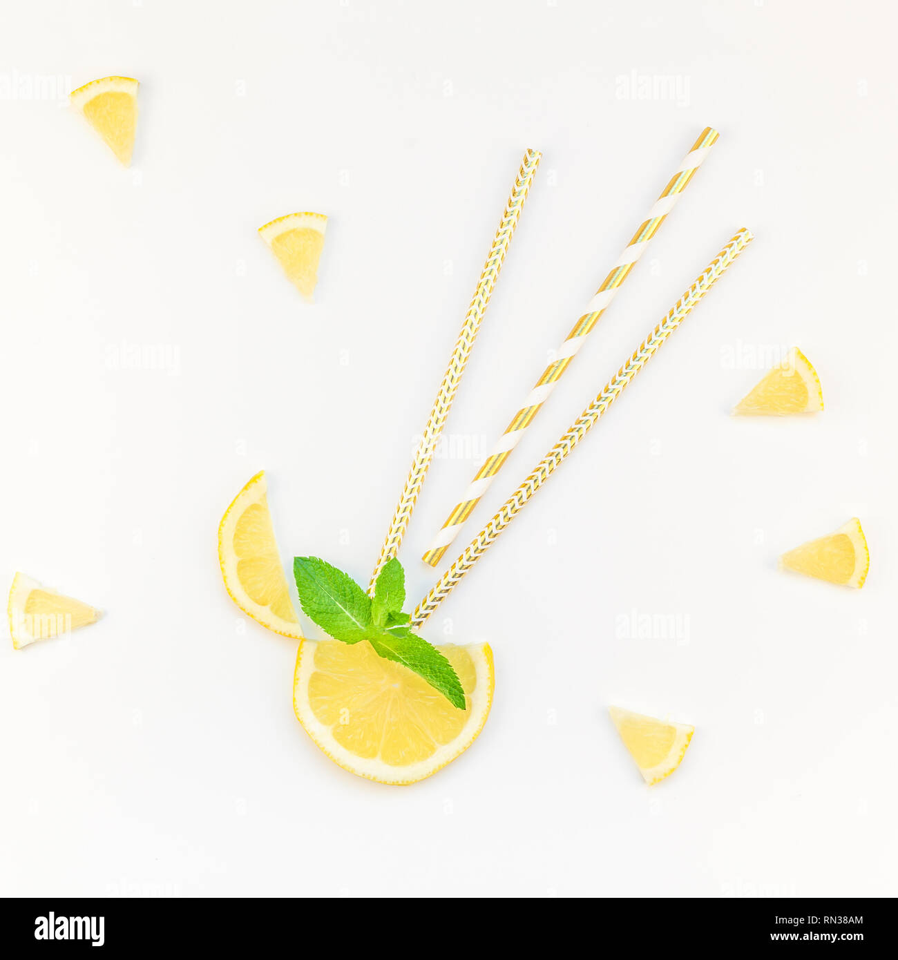 Square flatlay overhead top view citrus lemon slices and mint herbs ...