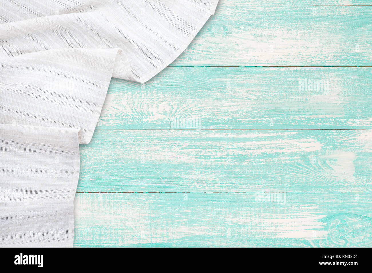Old vintage wooden table with white tablecloth. Top view mock up Stock ...