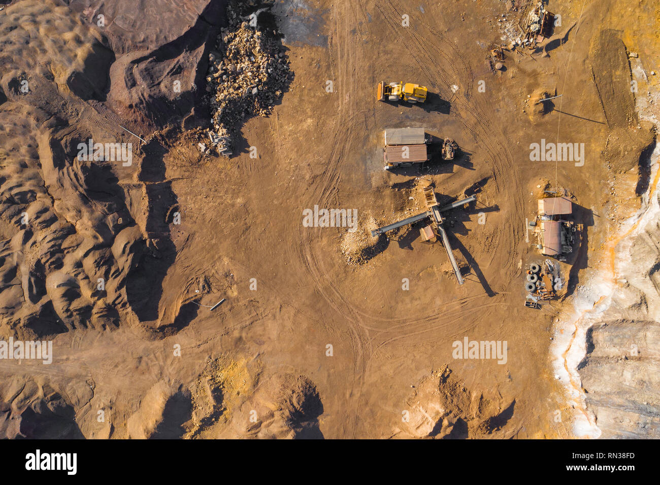 Aerial view of sandpit and factory plant producing sand materials for ...