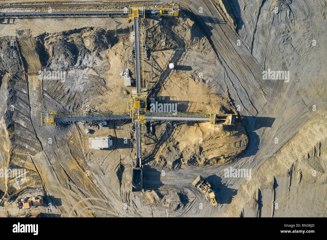 Aerial view of sandpit and factory plant producing sand materials for ...