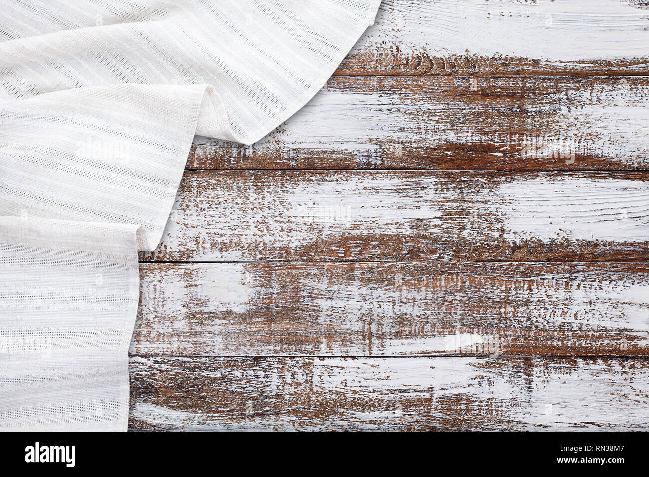 Old vintage wooden table with white tablecloth. Top view mock up Stock ...