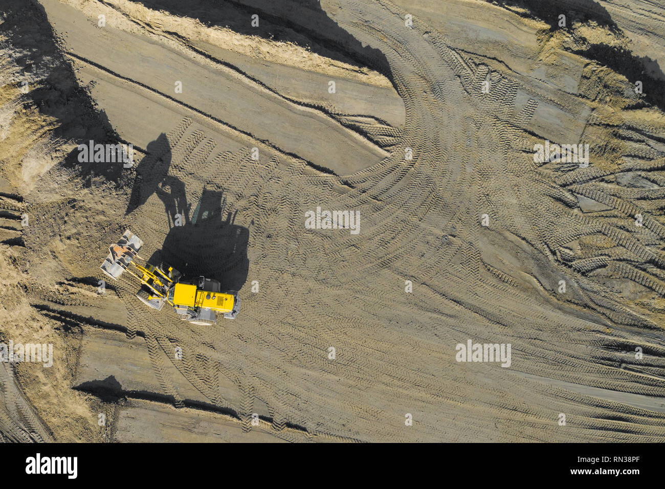 Aerial view of excavator and construction equipment. Machinery and mine ...