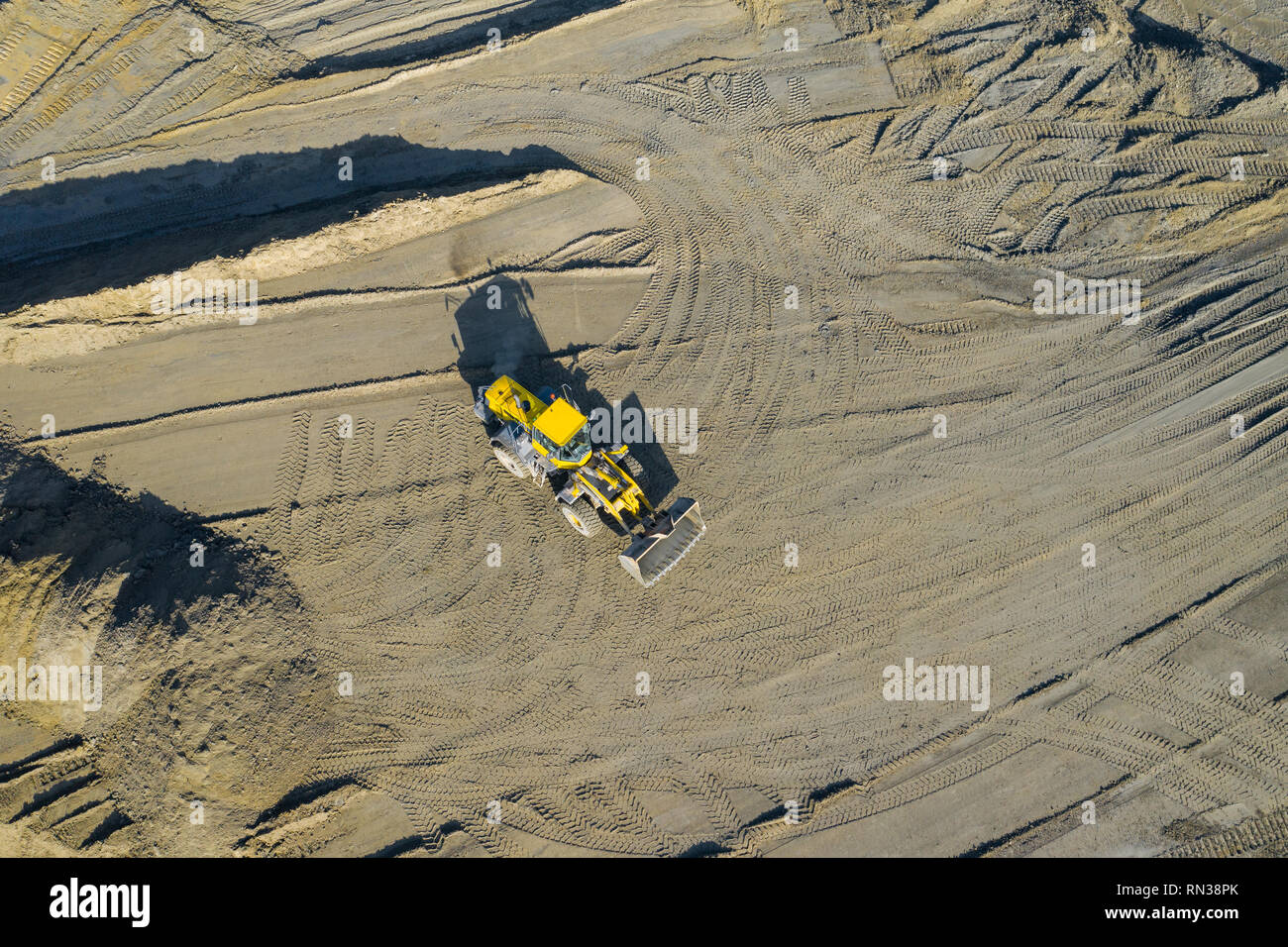 Aerial view of excavator and construction equipment. Machinery and mine ...